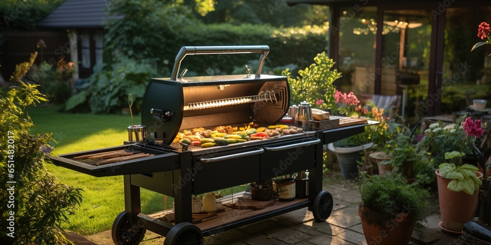 Setting up a barbecue grill in the backyard or in the park, a beautiful ...