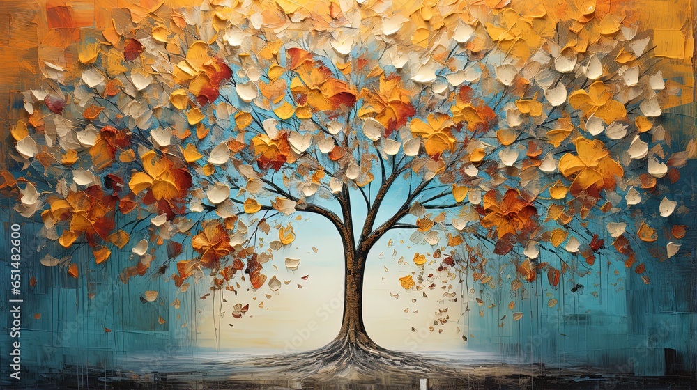 Colorful leaves forming a Tree of Life. Yellow Tree blue abstract ...