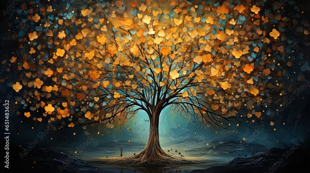 Multicolor abstract autumn tree painting . Colorful leaves forming a ...