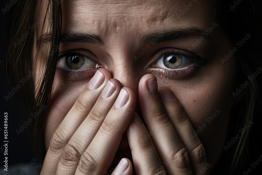 Foto de crying girl in horror closes her mouth with her hands. violence against women, Concept ...