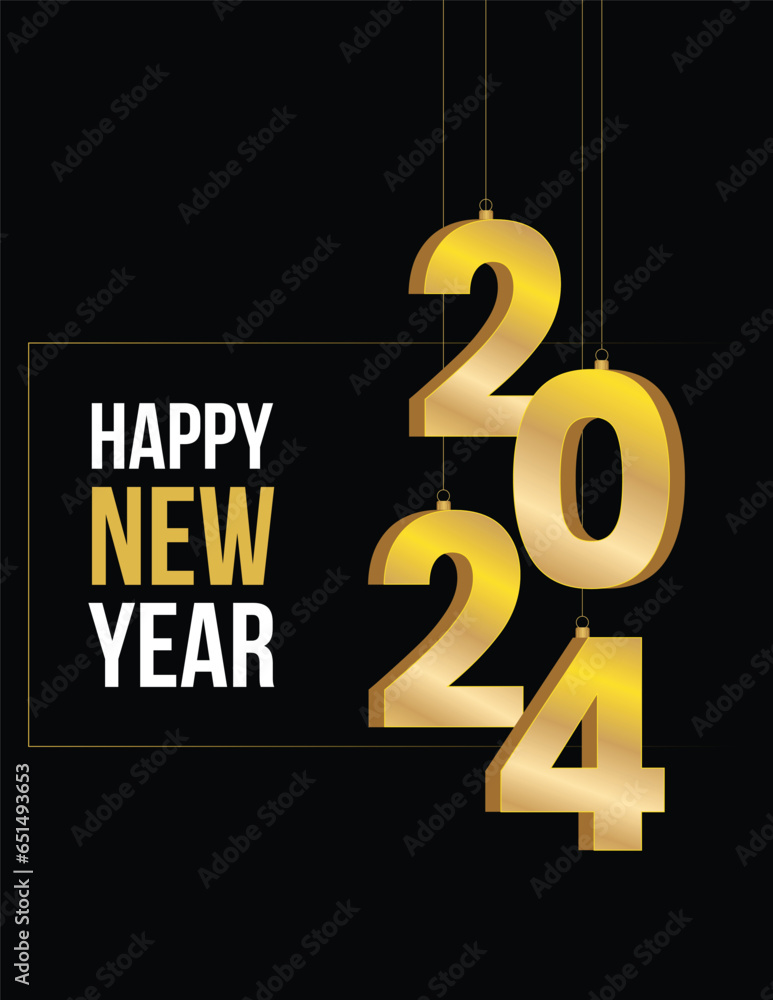 Happy New Year 2024. Golden 3D numbers with ribbons and confetti on dark background. Realistic ...