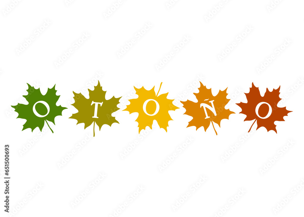 Vetor de Logo con letras palabra Otoño en español en siluetas de hojas ...
