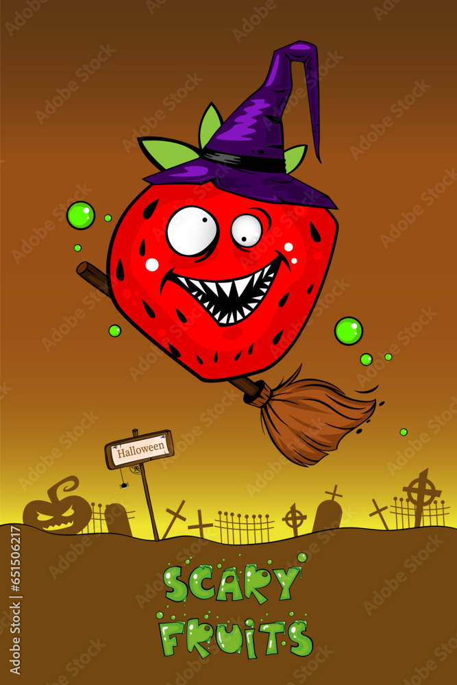 Cute scary fruit collection as Halloween monsters. Strawberry character ...
