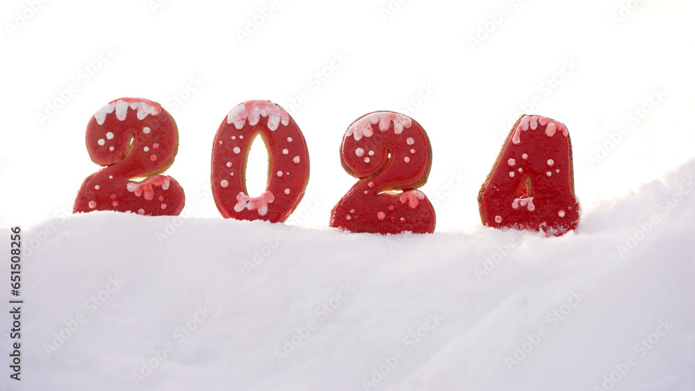Gingerbread numbers 2024 against a background of snow. Numbers 2024 in ...