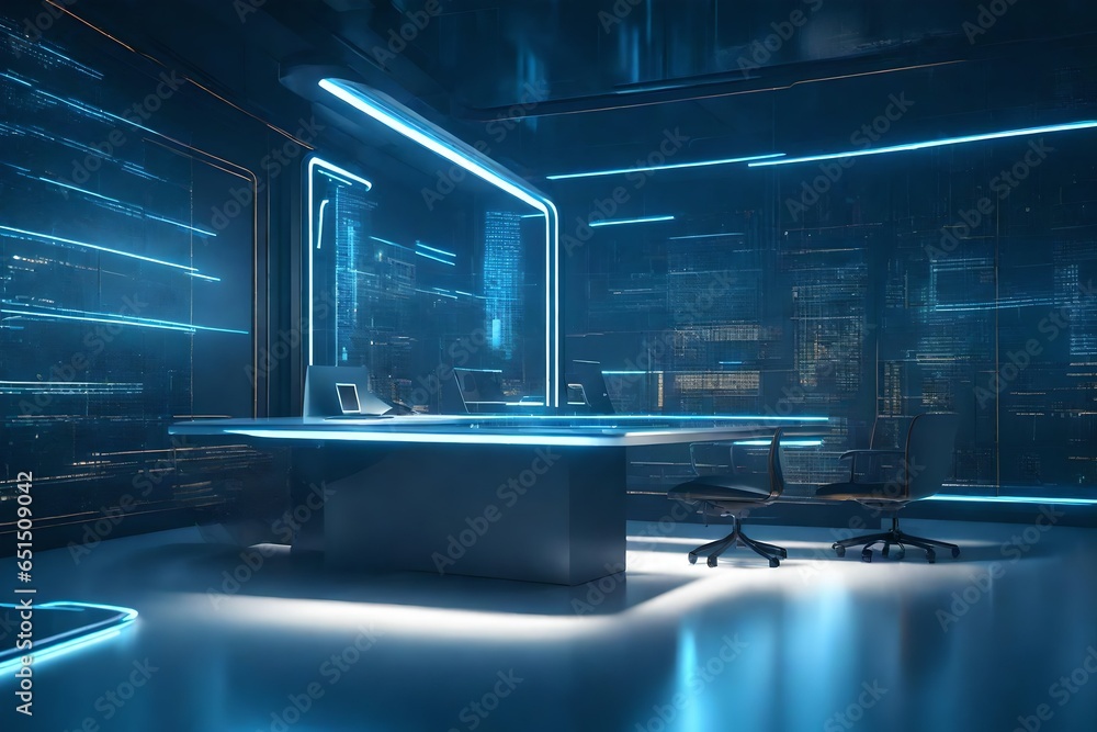 Create a captivating 3D-rendered illustration of a futuristic workspace ...
