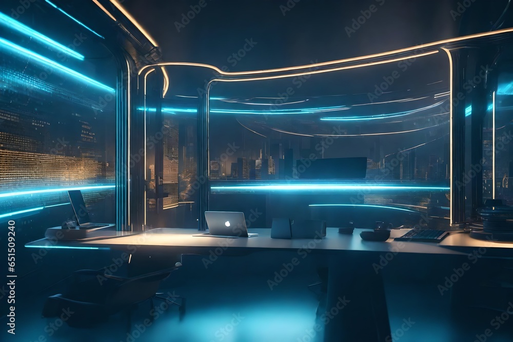 Create a captivating 3D-rendered illustration of a futuristic workspace ...