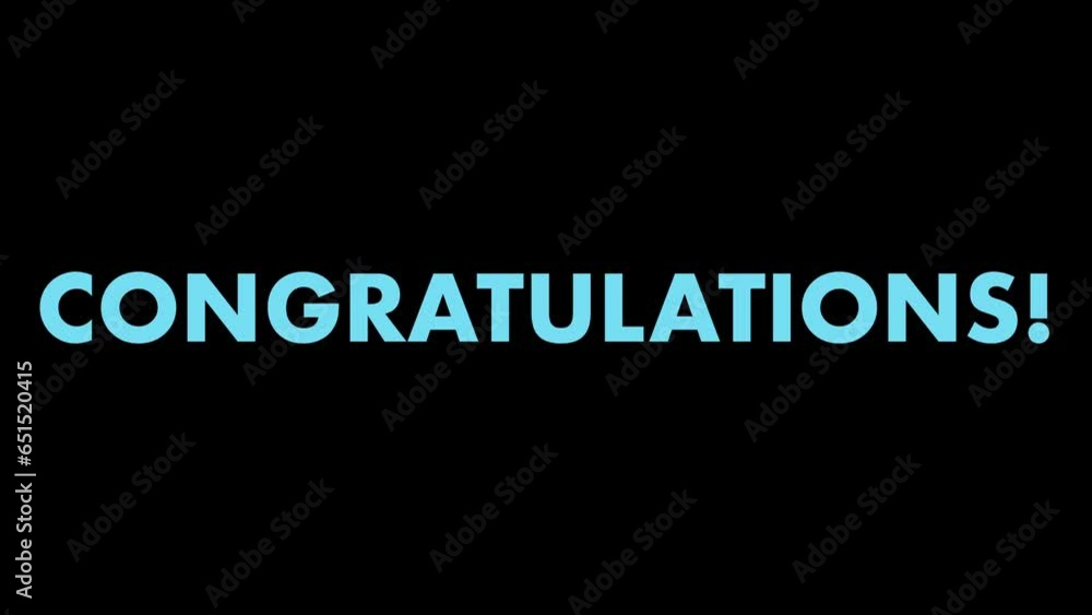 Animation of blue congratulations text. Text in front of black ...