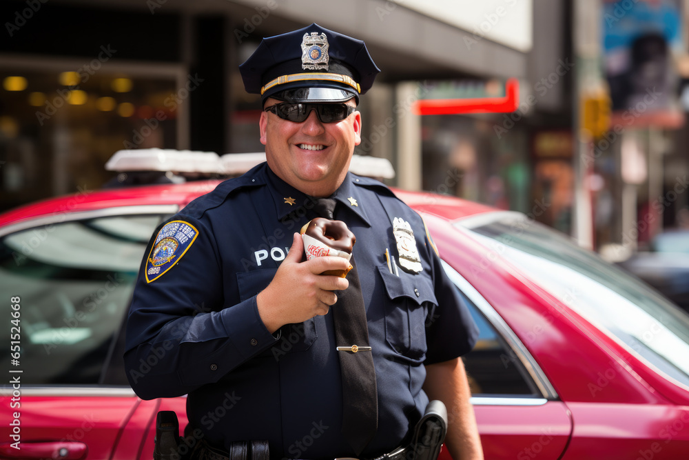 USA policeman with donuts as a symbol of approachability, community ...