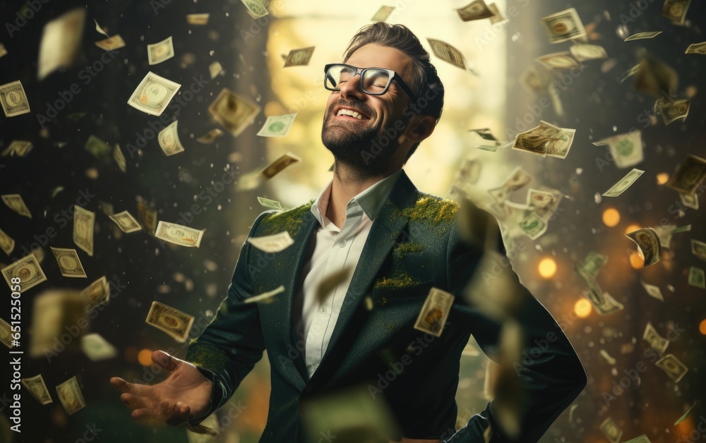 Happy successful man standing under money rain. A lot of dollar ...