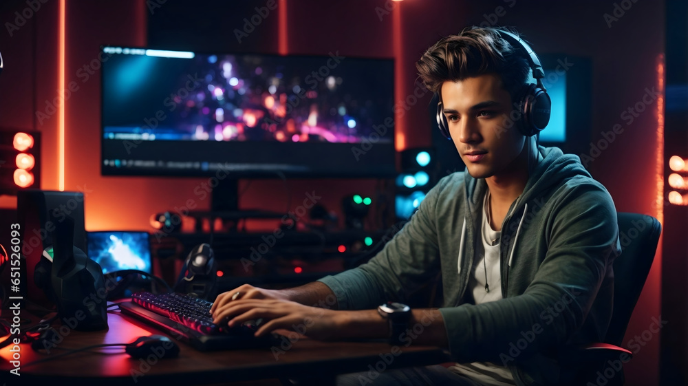 a handsome gamer guy gaming on his pc computer console with keyboard ...