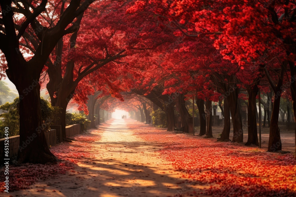 Autumn in the park with red leaves on the ground and road, royal ...