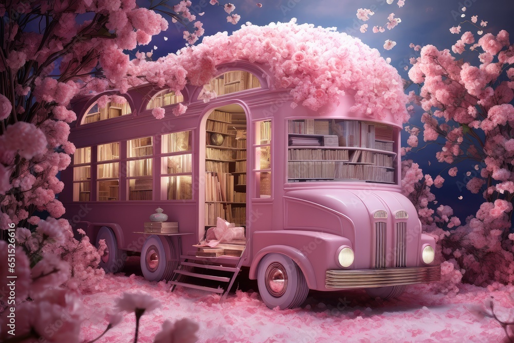 Pink school bus with books and cherry blossoms, 3D rendering, fancy ...