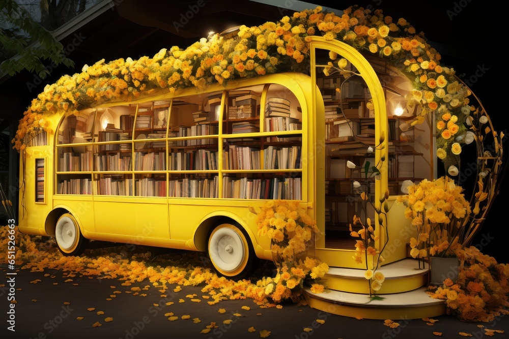 sophisticated open library into a bus, Yellow school bus decorated with ...