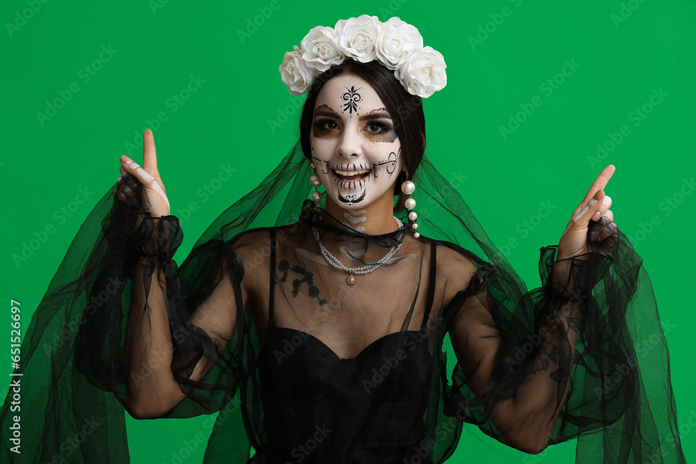 Beautiful young woman dressed as dead bride for Halloween party on ...