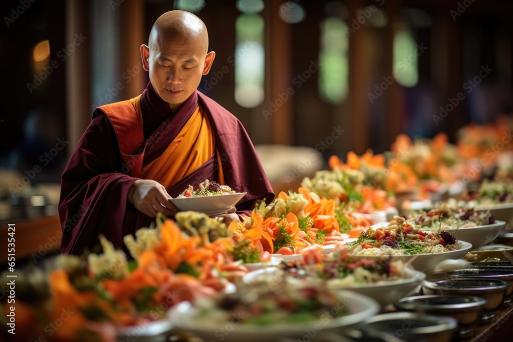 At a Buddhist temple, worshippers offer food as an act of reverence ...