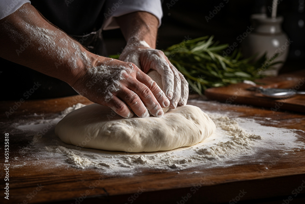 pizzaiolo expertly stretching the pizza dough by hand, showcasing the ...