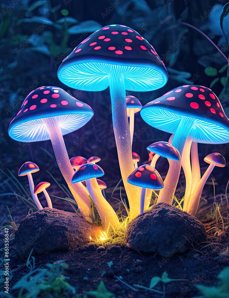 Multi-colored rainbow mushrooms glowing with neon light. Cute mushrooms ...