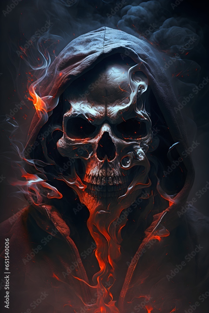 a cloaked skull face formed out of whisps of smoke burning red eyes ...