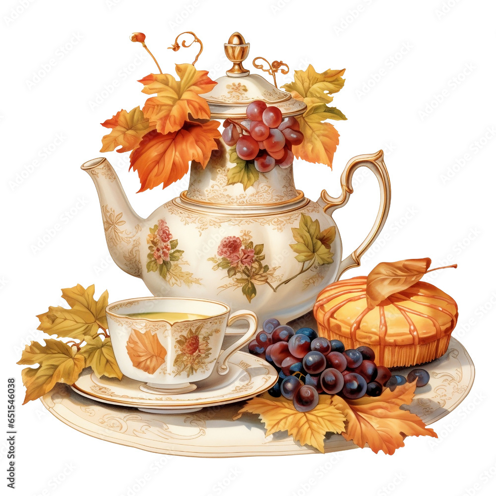 Autumn Theme: Vintage Tea Time Party Watercolor Clipart, afternoon tea ...