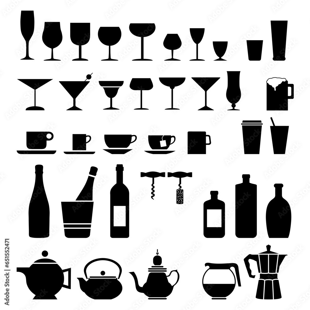 Poster Ensemble de pictogrammes noirs sur le thème de la boisson avec ...