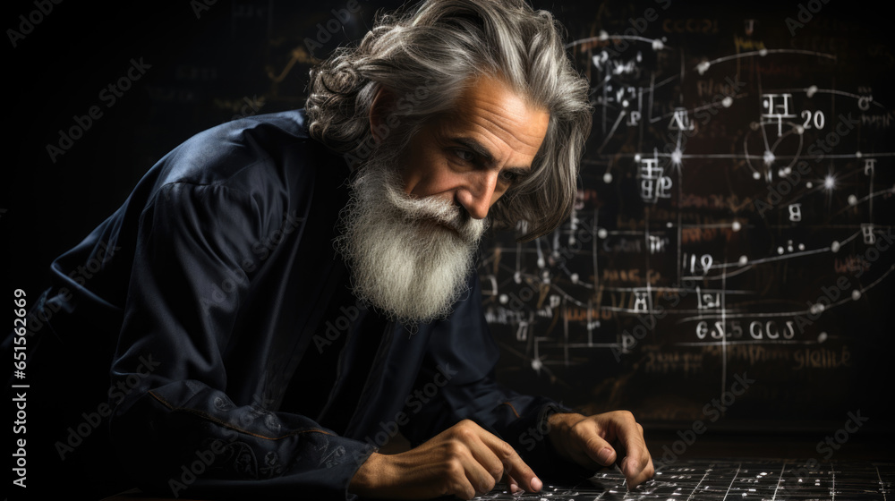 Portrait of an old man with long gray hair and a beard scientist ...