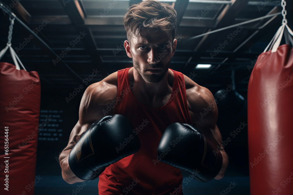 Portrait of a boxer training with dark gloves and raised hands in the ...
