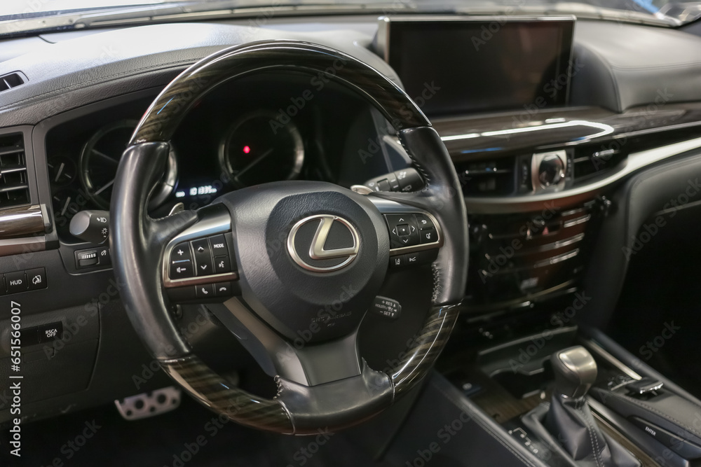 Lexus LX 570 III steering wheel and dashboard. Black leather interior ...