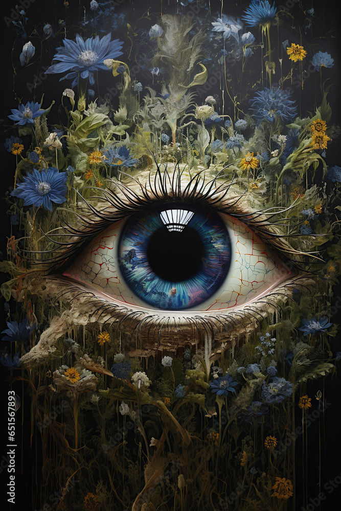 eye of nature hiding in the midst of flowers, blue eye, surrealistic ...