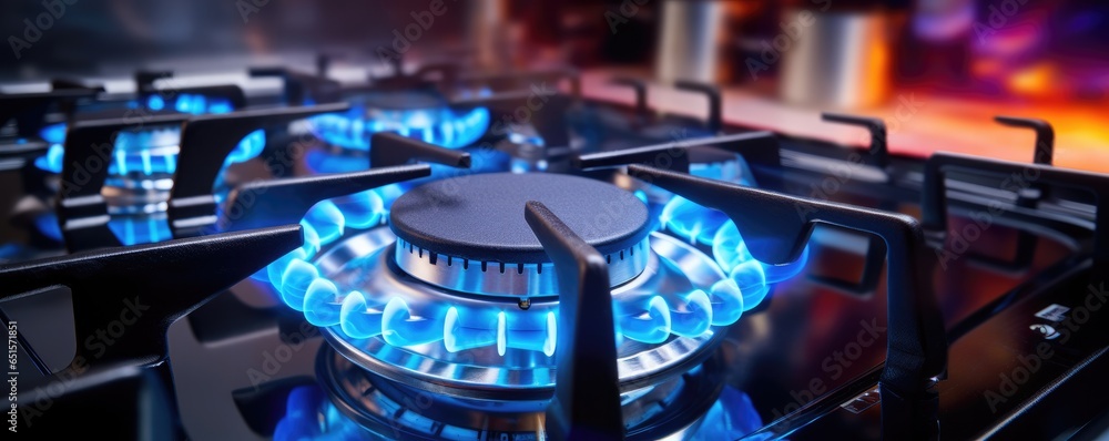 Detail view on kitchen gas cooker with blue flame on while cooking ...