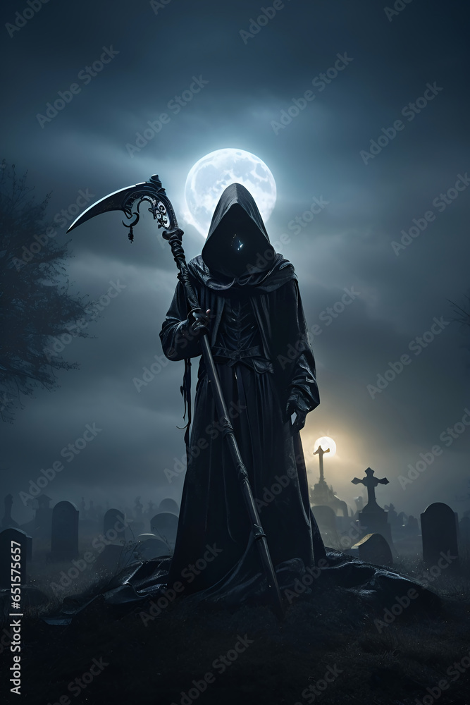 Muerte Grim reaper con luna llena de fondo en cementerio, escena ...