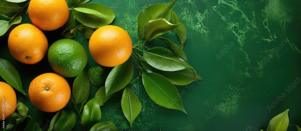 Fresh green tangerines on isolated pastel background Copy space with ...