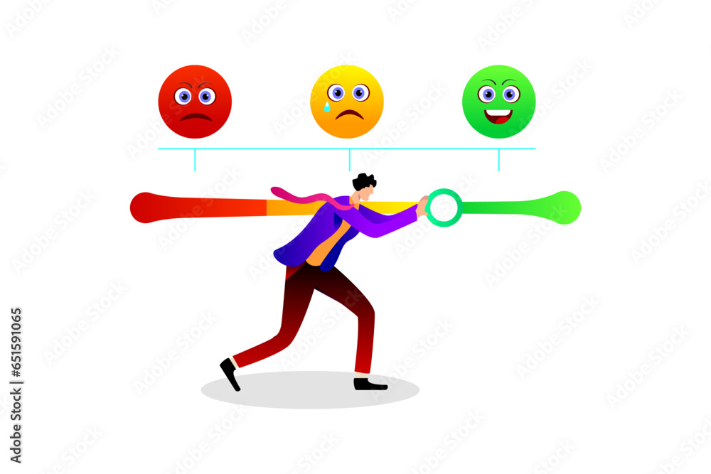 man trying to push customer feedback bar to be excellent smile ...