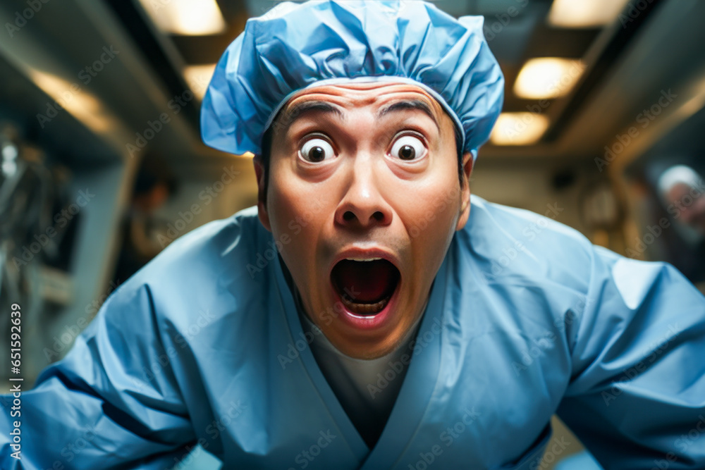 Stunning shocked surgeon expressing utter surprise in operating room ...