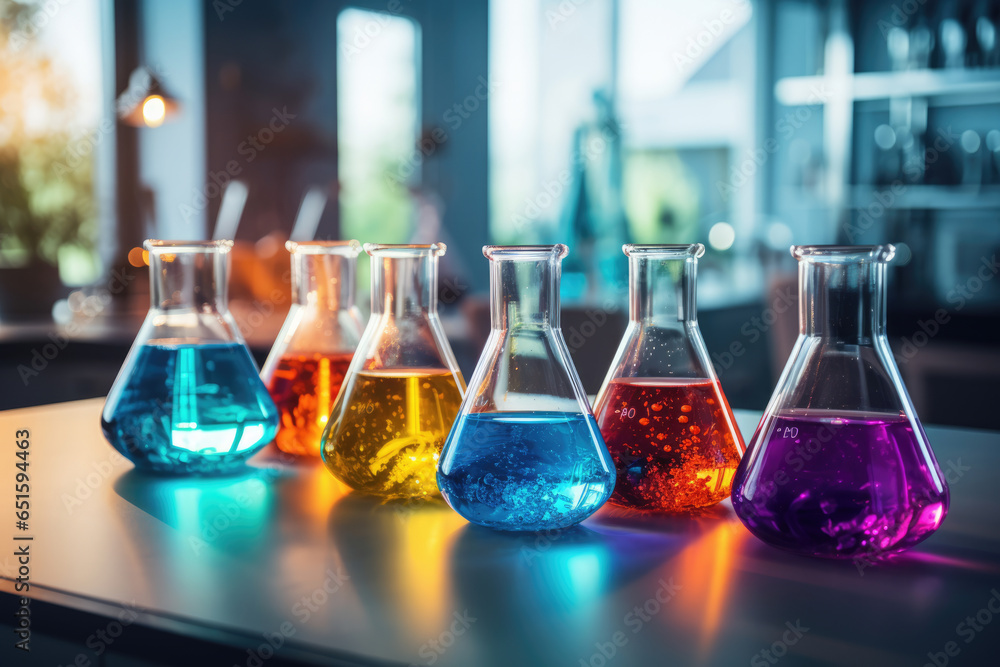 Test tubes and beakers in a biological laboratory with colored liquids ...