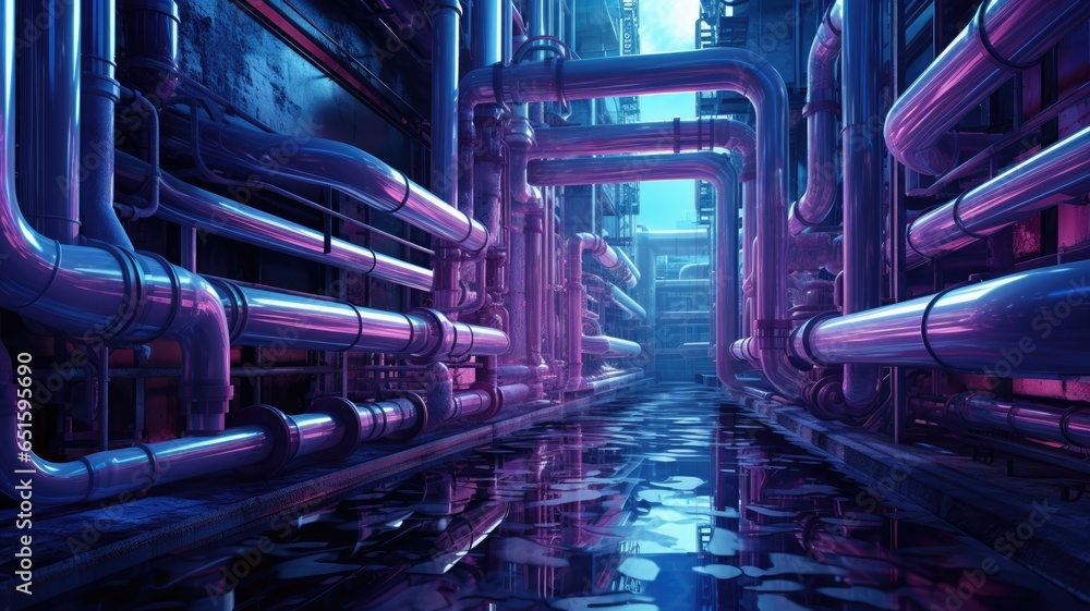 Pipes and valves in the factory background. Pink purple and violet blue ...