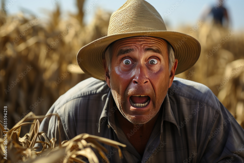 Captivating portrayal of a shocked farmer, jaw dropped in disbelief amidst the fields, a mix of ...