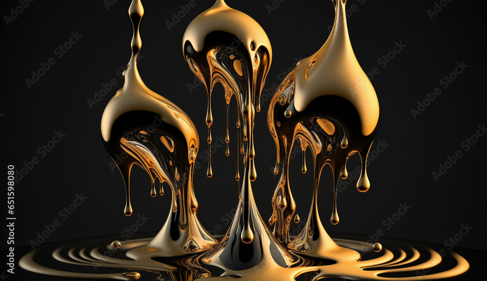 The drips of liquid metal on black background. Drops and specks of gold ...