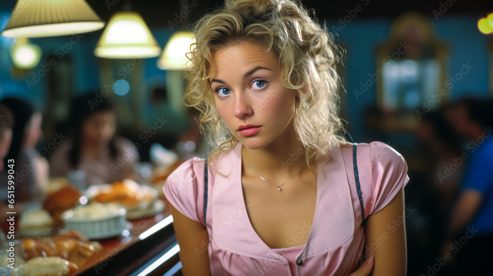 Engaging image of a befuddled waitress in tavern, showing perplexed ...