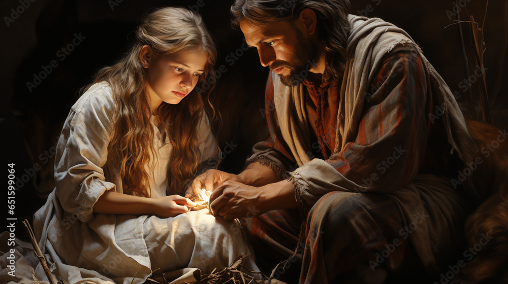 the birth of Jesus in a manger with Mary, Joseph, shepherds, and the ...