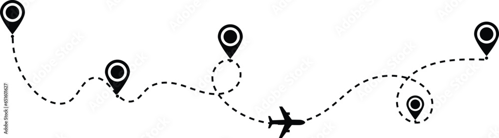 Airplane path in a dotted line shape. pin map marker pointer sign ...