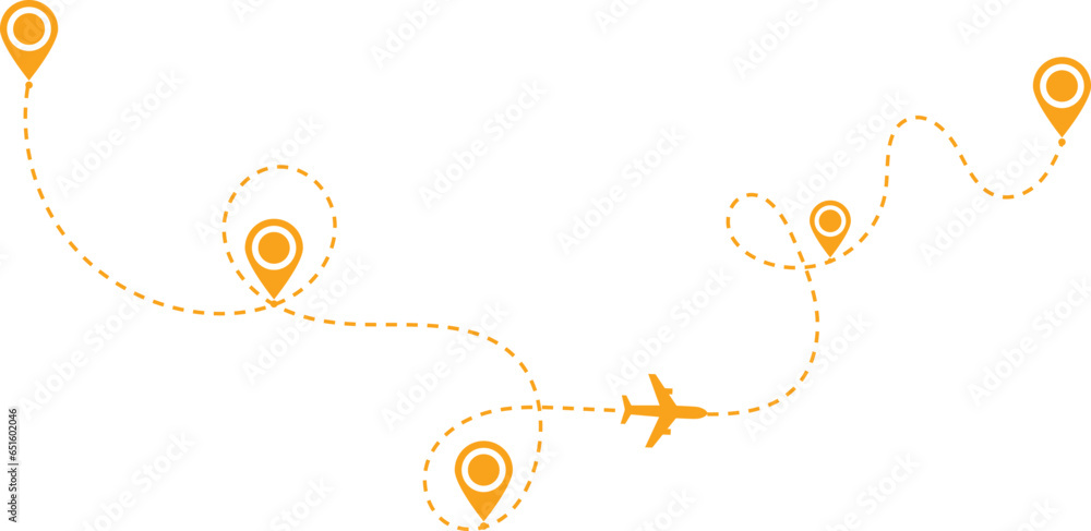 Airplane path in a dotted line shape. Airplane line routes set ...