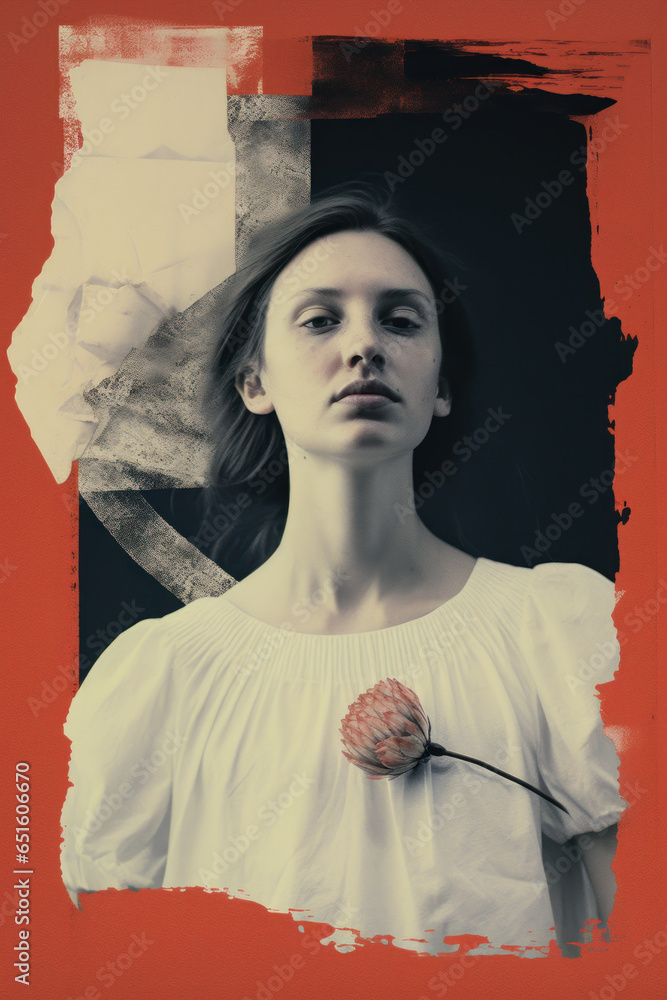 collage/book cover of a young woman silenced/hidden behind paper scraps ...