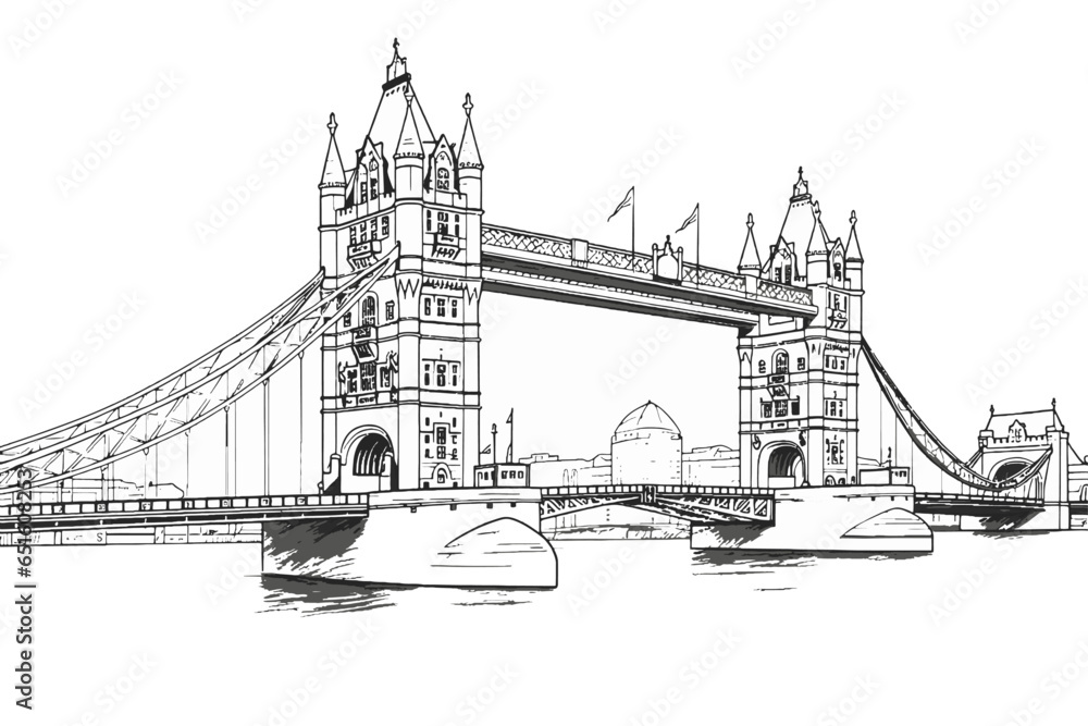 Tower bridge and the Thames River in London vector doodle line art ...