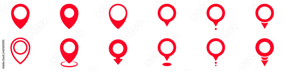 Set of location labels. Map pointer icon, location markers in red. Set ...