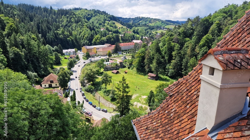 Aerial view of Bran Village, seen from the balcony of Bran Castle, also ...