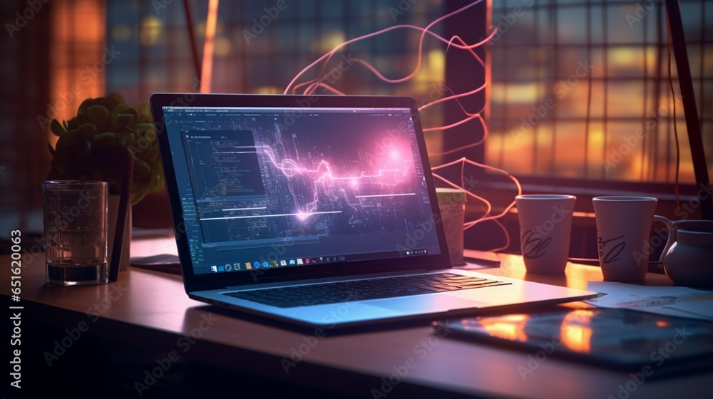 a captivating image of a programmer's workspace, bathed in the soft ...