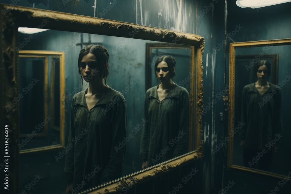 A lone woman's image multiplies into an array of chilling reflections ...