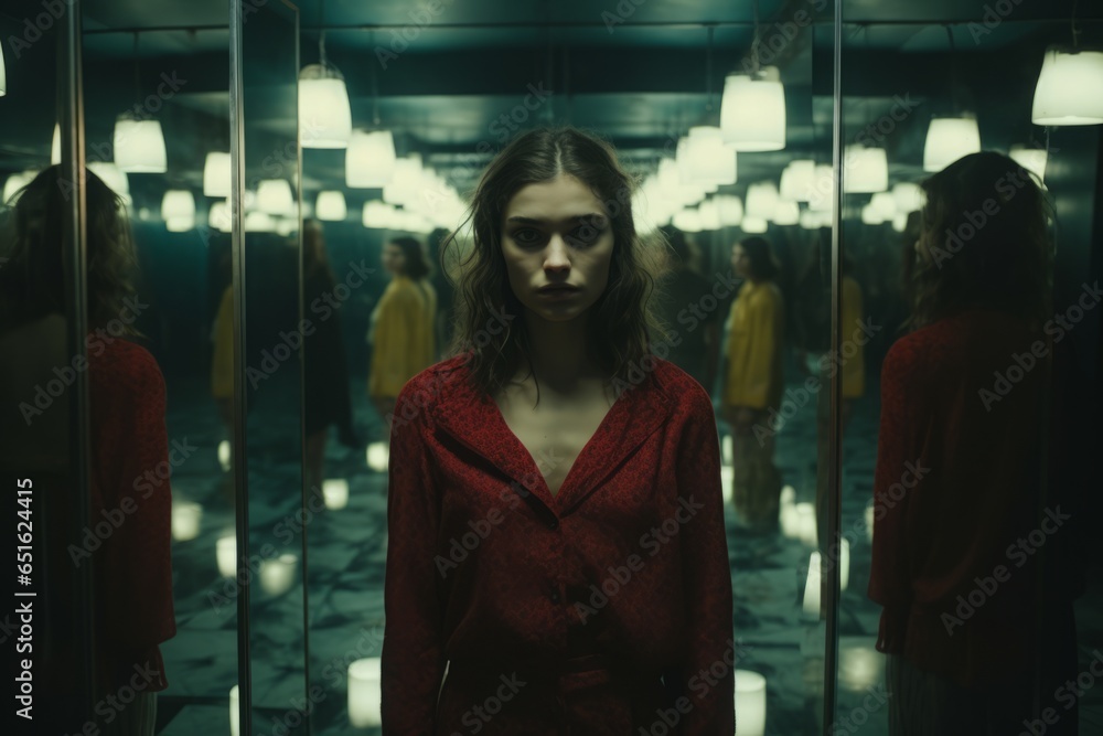 A lone model is reflected in myriad ways within a mirror, hinting at ...