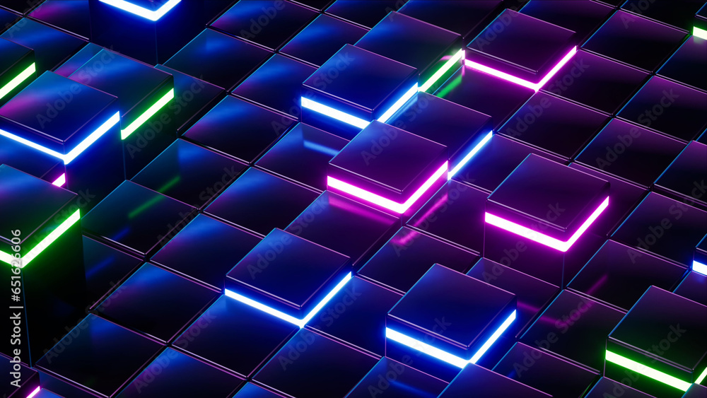 Shiny neon light square tiled vj loop visual background 3d rendering ...