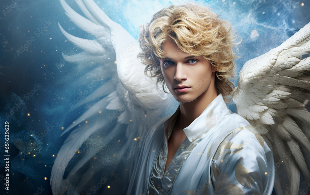 Representation of an angel on earth with golden hair and sculpted ...